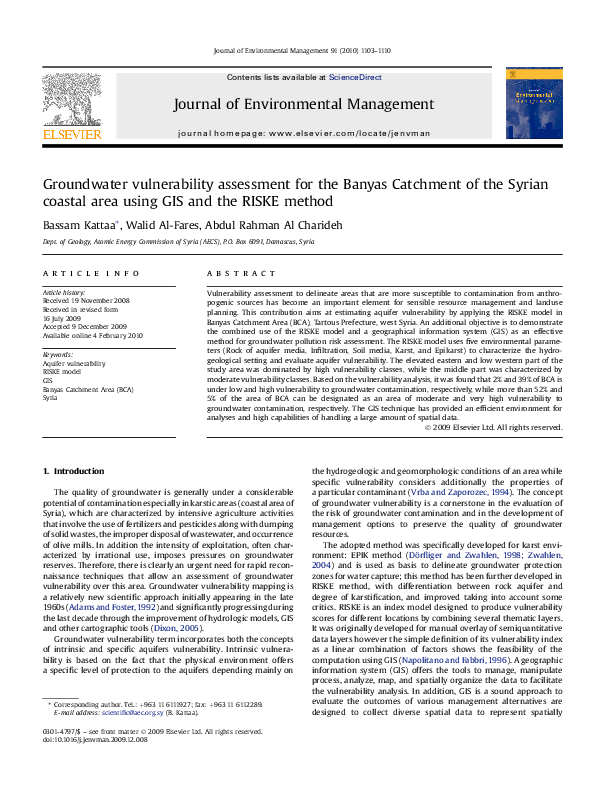(PDF) Groundwater vulnerability assessment for the Banyas Catchment of the Syrian coastal area ...