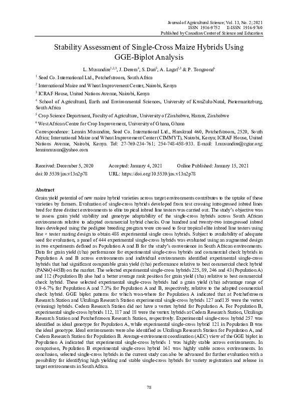 (PDF) Stability Assessment of Single-Cross Maize Hybrids Using GGE-Biplot Analysis