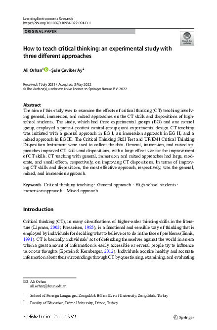 (PDF) How to teach critical thinking: an experimental study with three ...