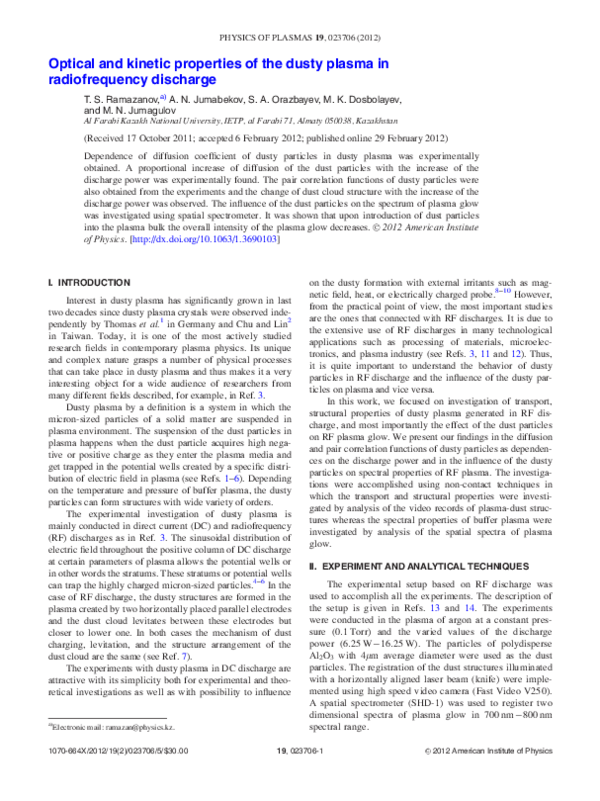 (PDF) Optical and kinetic properties of the dusty plasma in ...