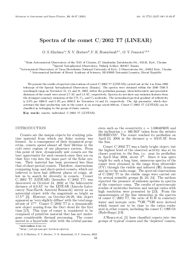 (PDF) Spectra of comet C/2002 T7 (LINEAR)