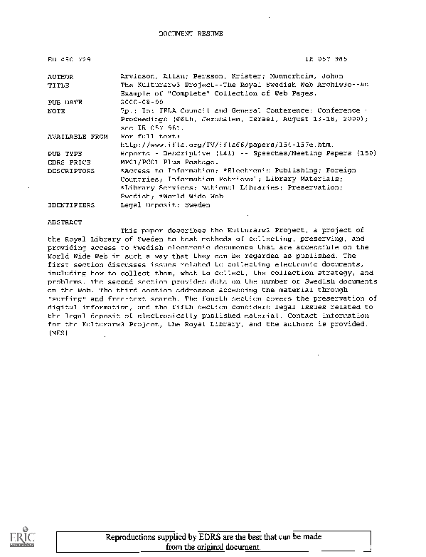 (PDF) The Kulturarw3 Project--The Royal Swedish Web Archiw3e--An ...