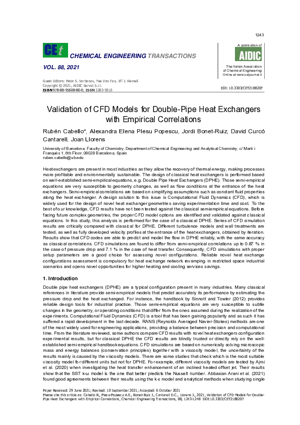 (PDF) Validation of CFD Models for Double-Pipe Heat Exchangers with Empirical Correlations