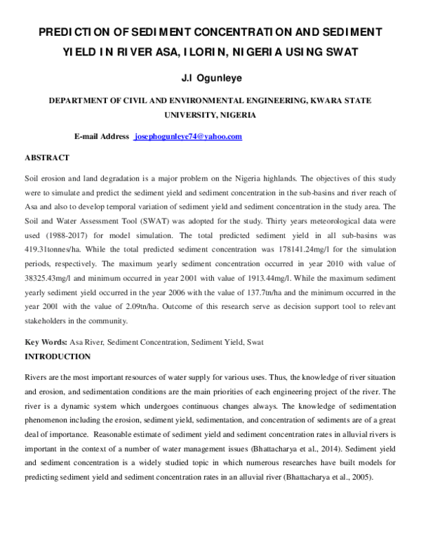 (PDF) PREDICTION OF SEDIMENT CONCENTRATION AND SEDIMENT YIELD IN RIVER ASA, ILORIN, NIGERIA ...
