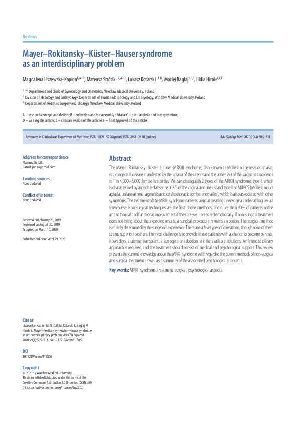 (PDF) Mayer–Rokitansky–Küster–Hauser syndrome as an interdisciplinary ...
