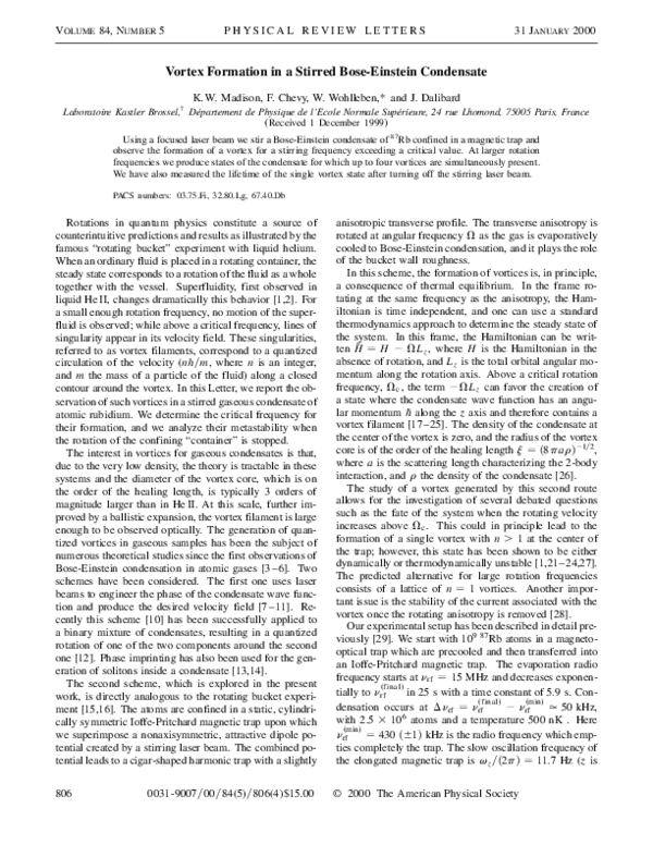 Pdf Vortex Dynamics In Stirred Bose Einstein Condensates