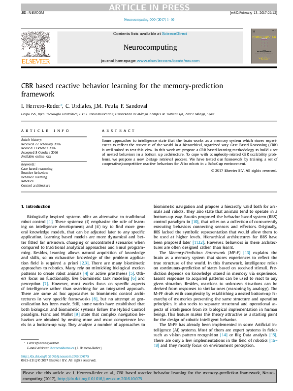 (PDF) CBR based reactive behavior learning for the memory-prediction framework
