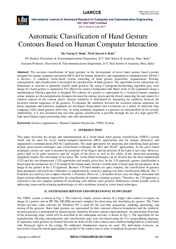 (PDF) Automatic Classification of Hand Gesture Contours Based on Human Computer Interaction