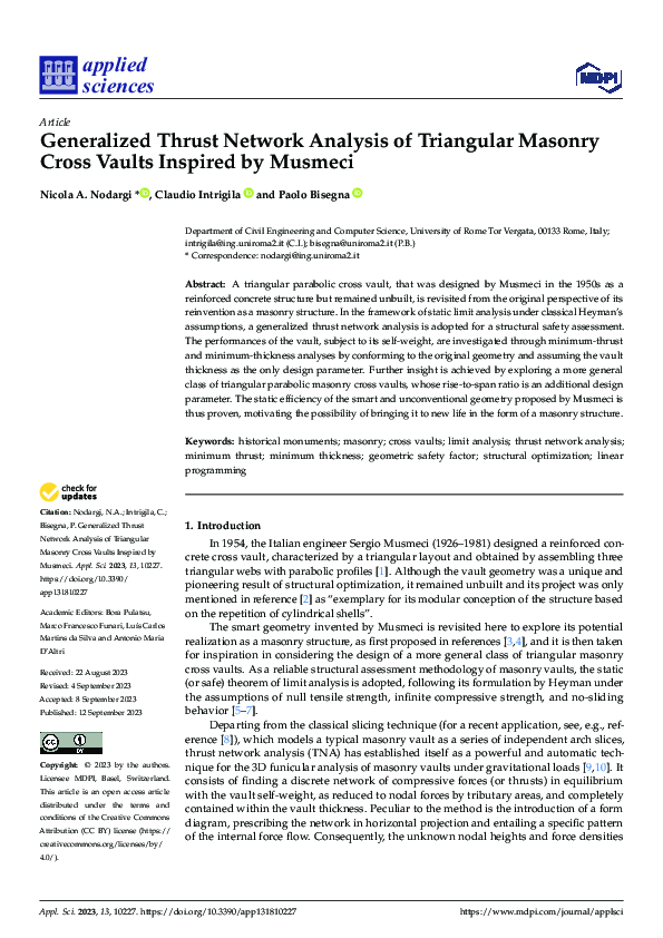 (PDF) Generalized Thrust Network Analysis of Triangular Masonry Cross Vaults Inspired by Musmeci