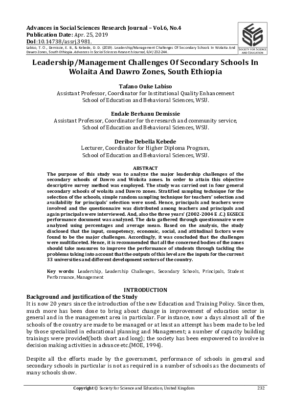 (PDF) Leadership/ Management Challenges of Secondary Schools in Wolaita ...