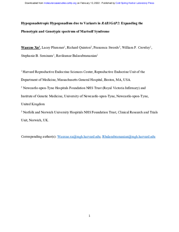 (PDF) Hypogonadotropic hypogonadism due to variants in RAB3GAP2: expanding the phenotypic and ...