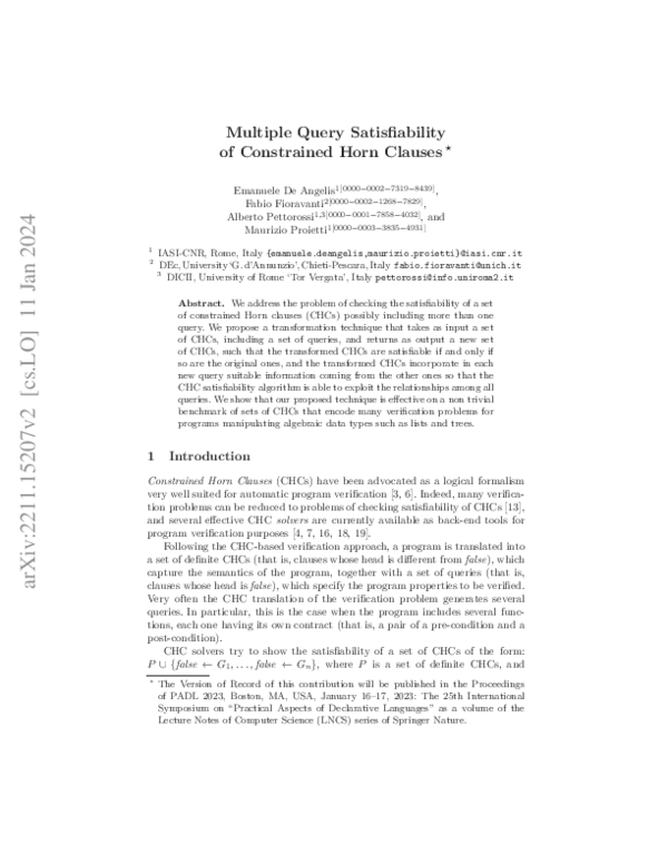 (PDF) Multiple Query Satisfiability of Constrained Horn Clauses