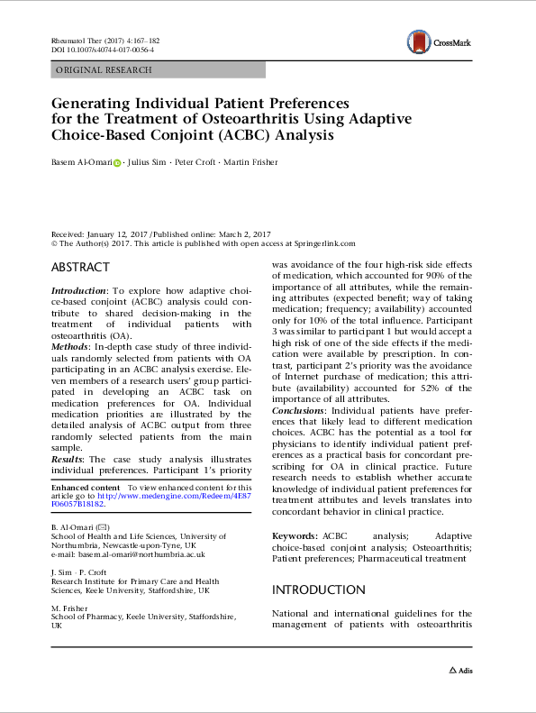 (PDF) Generating Individual Patient Preferences for the Treatment of Osteoarthritis Using ...