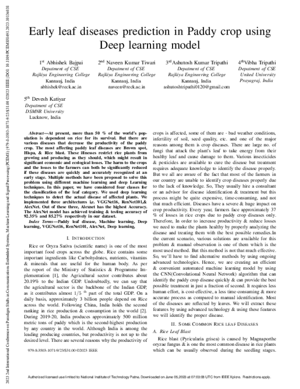 (PDF) Early leaf diseases prediction in Paddy crop using Deep learning model | Abhishek Bajpai ...
