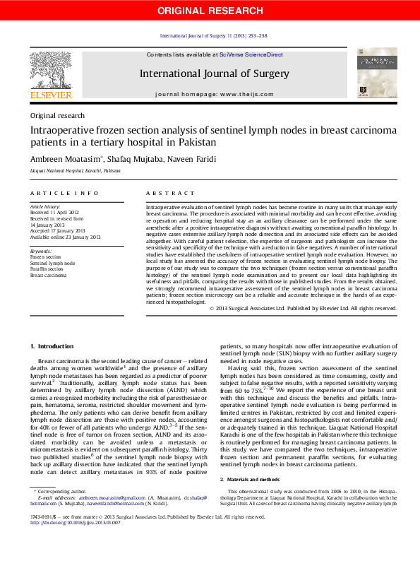 (PDF) Intraoperative frozen section analysis of sentinel lymph nodes in breast carcinoma ...