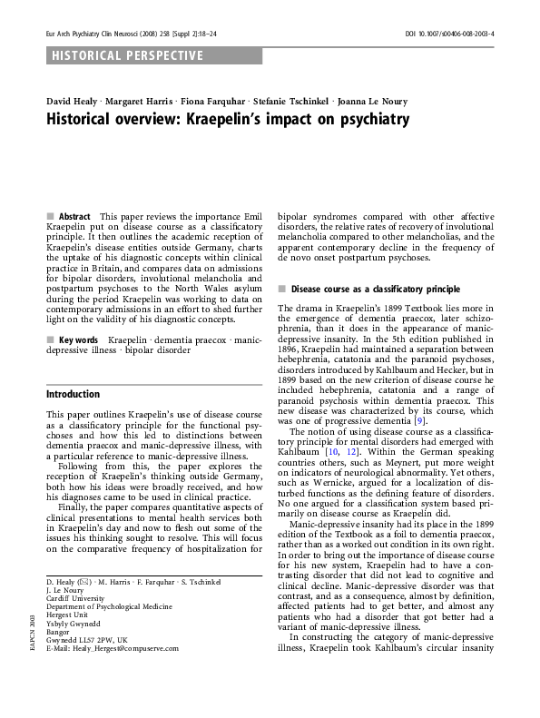 (PDF) Historical overview: Kraepelin’s impact on psychiatry