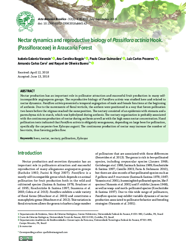 (PDF) Nectar dynamics and reproductive biology of Passiflora actinia ...