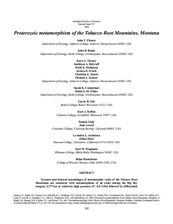 (PDF) Proterozoic metamorphism of the Tobacco Root Mountains, Montana