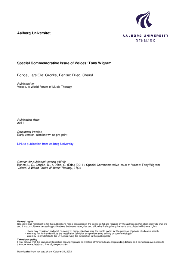 (PDF) Special Commemorative Issue of Voices: Tony Wigram