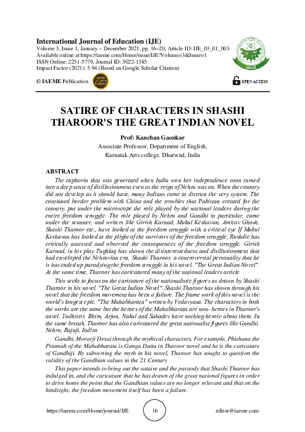 (PDF) SATIRE OF CHARACTERS IN SHASHI THAROOR'S THE GREAT INDIAN NOVEL