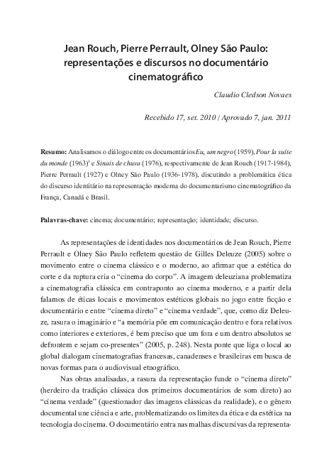 (PDF) Jean Rouch, Pierre Perrault, Olney São Paulo: Representações e ...