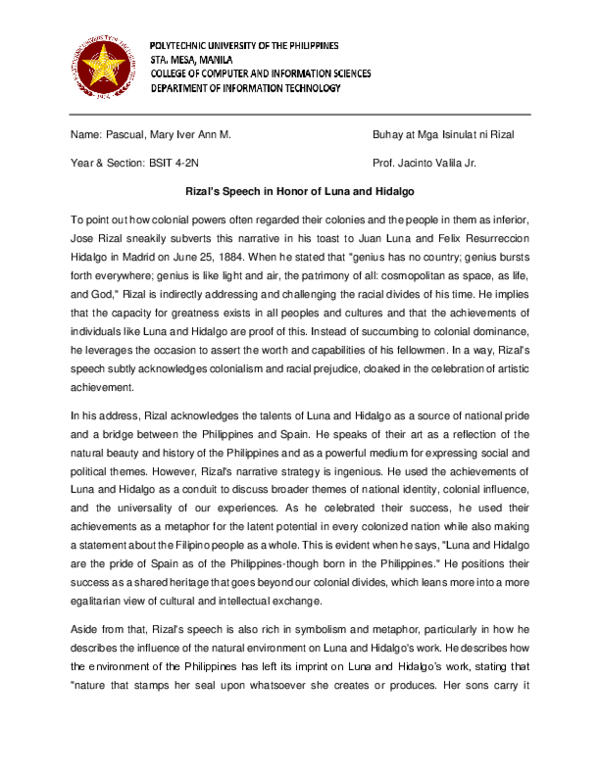 (PDF) Rizal's Speech in Honor of Luna and Hidalgo: A Reflection Paper
