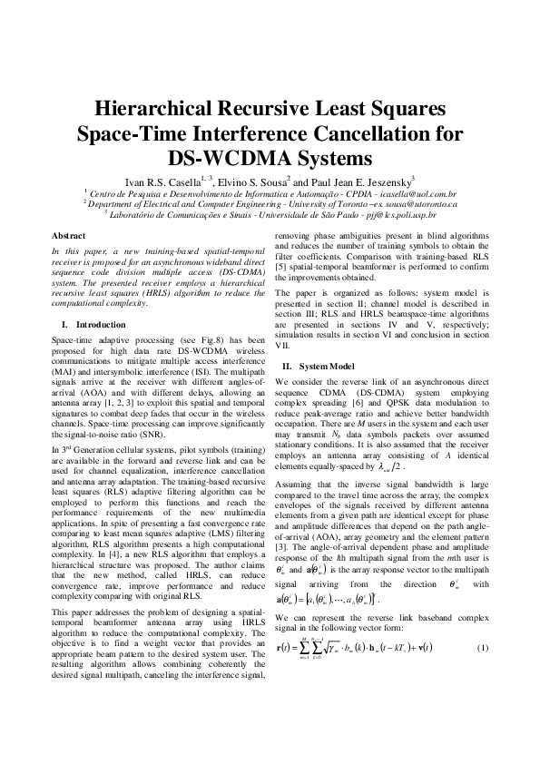 Pdf Hierarchical Recursive Least Squares Space Time Interference Cancellation For Ds Wcdma Systems
