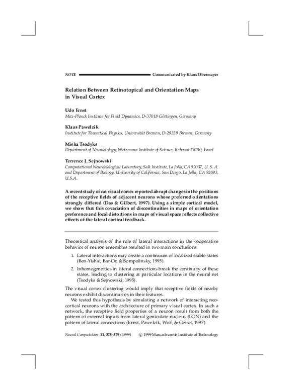 (PDF) Relation Between Retinotopical and Orientation Maps in Visual Cortex