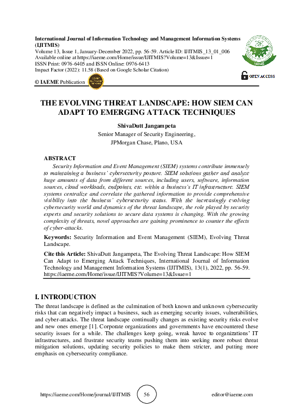 (PDF) THE EVOLVING THREAT LANDSCAPE: HOW SIEM CAN ADAPT TO EMERGING ...