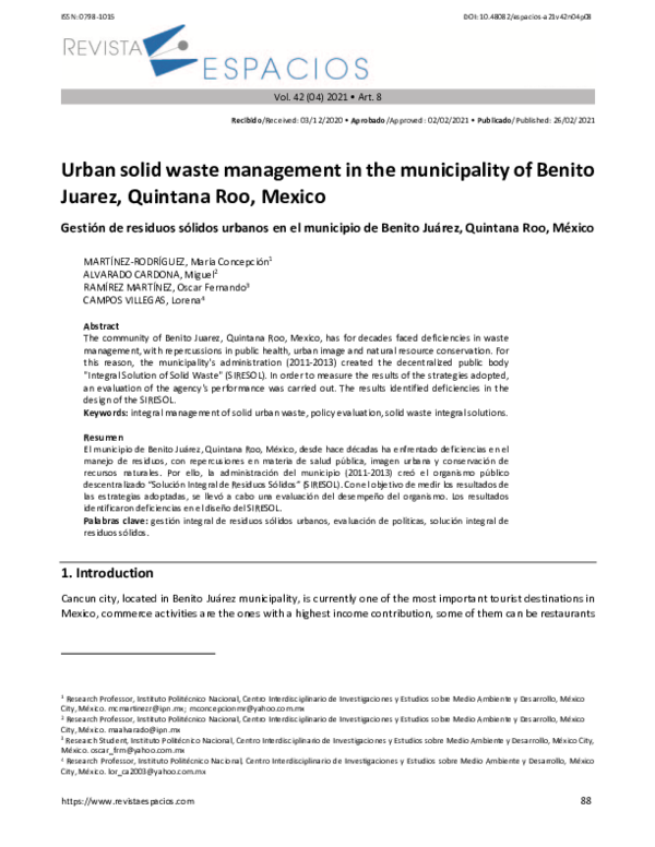 (PDF) Urban solid waste management in the municipality of Benito Juarez ...