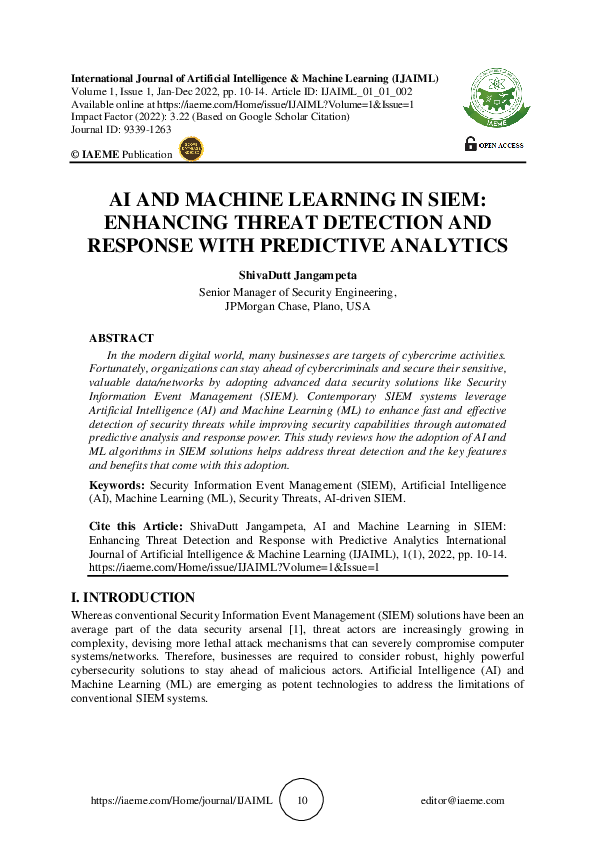 Pdf Ai And Machine Learning In Siem Enhancing Threat Detection And Response With Predictive