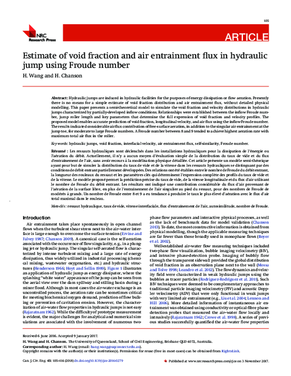 (PDF) Estimate of void fraction and air entrainment flux in hydraulic jump using Froude number ...