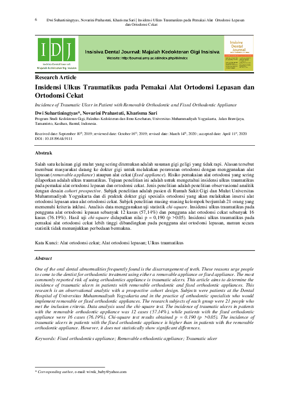 (PDF) Insidensi Ulkus Traumatikus pada Pemakai Alat Ortodonsi Lepasan dan Ortodonsi Cekat