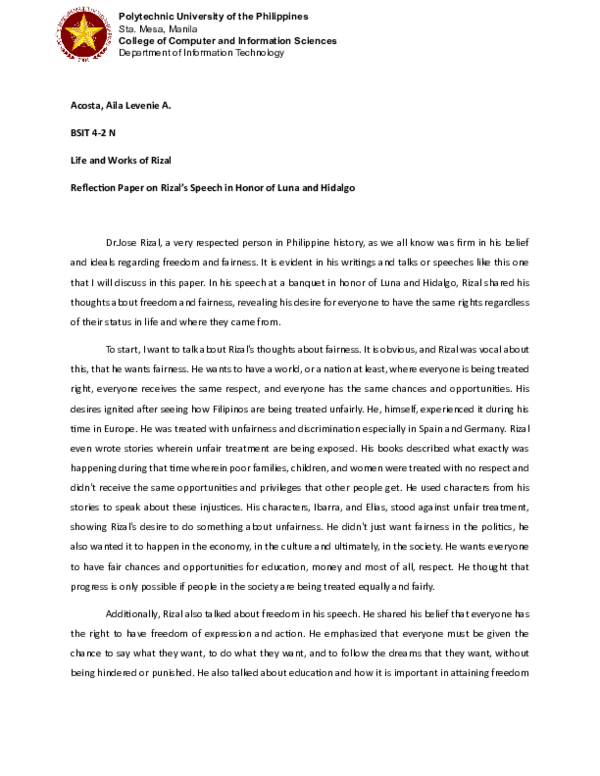 (PDF) Reflection Paper on Rizal's Speech in Honor of Luna and Hidalgo | Aila Levenie Acosta ...