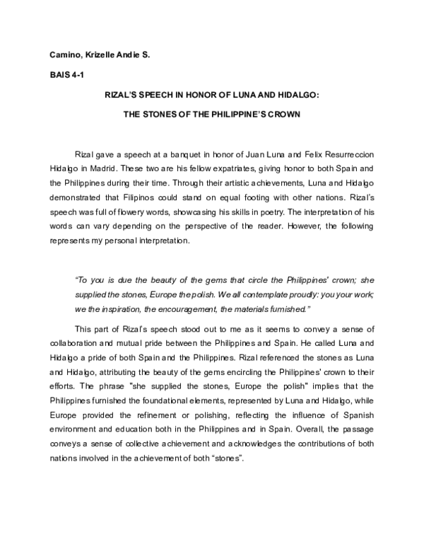 (PDF) RIZAL’S SPEECH IN HONOR OF LUNA AND HIDALGO