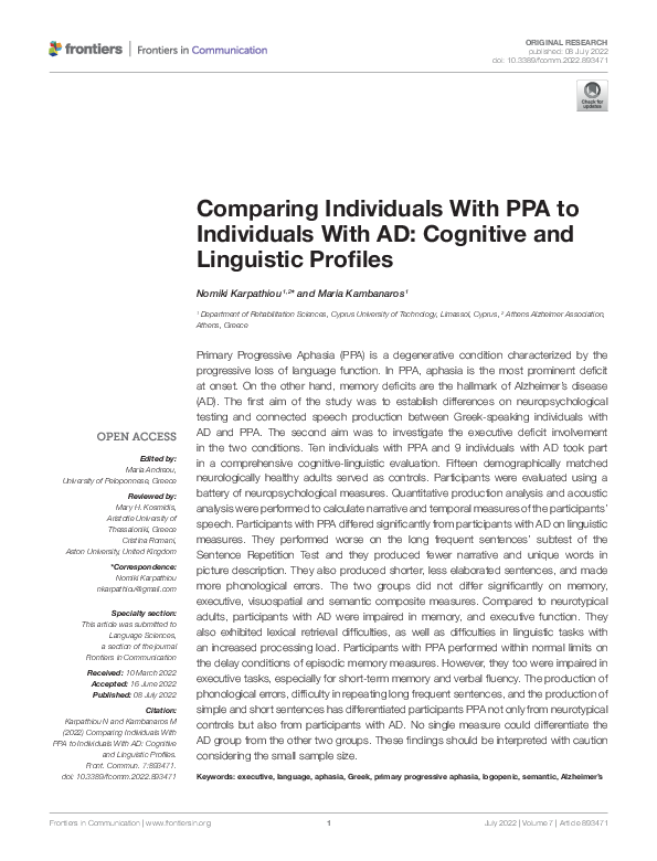 (PDF) Comparing Individuals With PPA to Individuals With AD: Cognitive and Linguistic Profiles