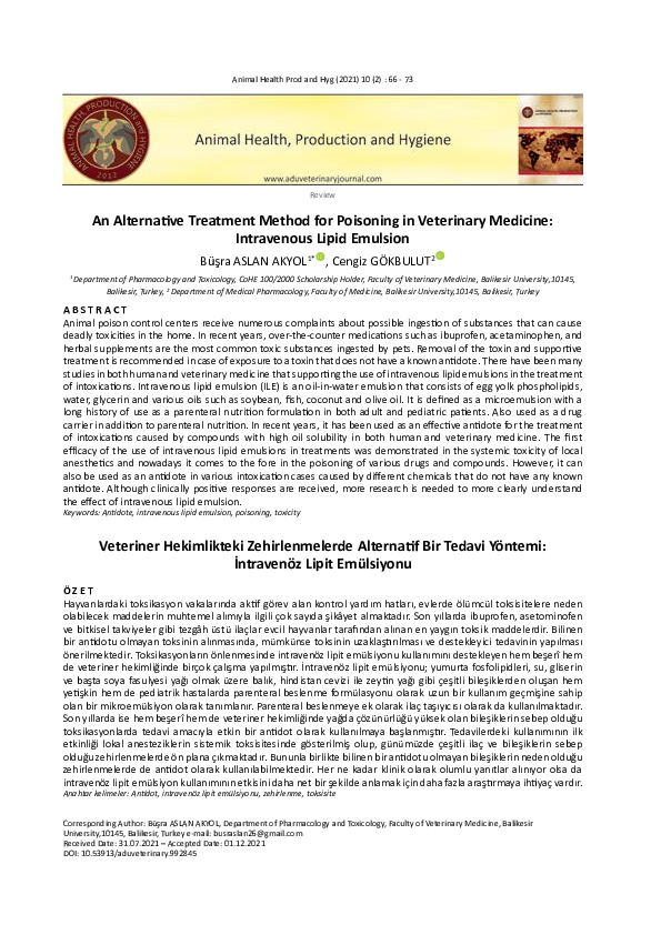 (PDF) An Alternative Treatment Method for Poisoning in Veterinary ...