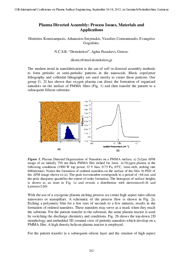 (PDF) Plasma Directed Assembly: Process Issues, Materials and Applications
