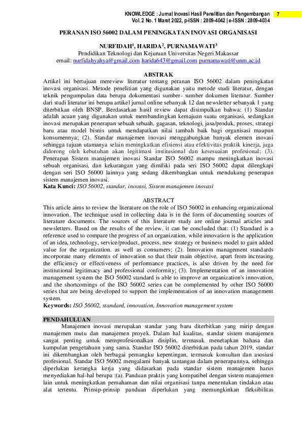 (PDF) Peranan Iso 56002 Dalam Peningkatan Inovasi Organisasi