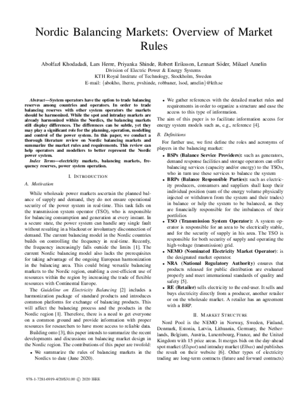 (PDF) Nordic Balancing Markets: Overview of Market Rules