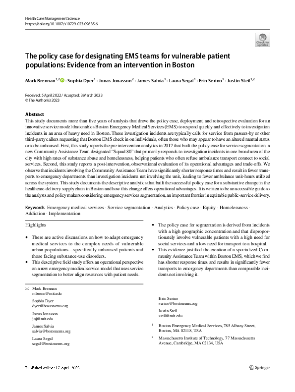 (PDF) The policy case for designating EMS teams for vulnerable patient ...