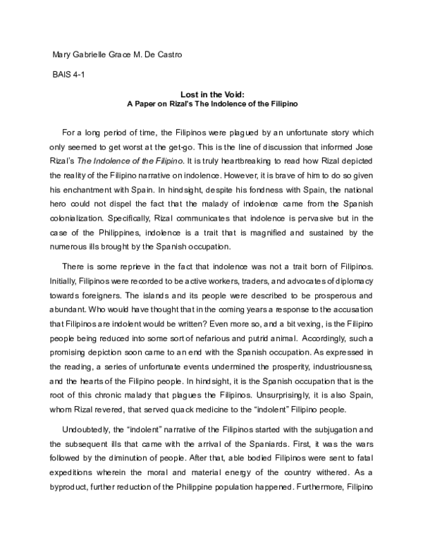 (PDF) Lost in the Void A Paper on Rizal's The Indolence of Filipinos