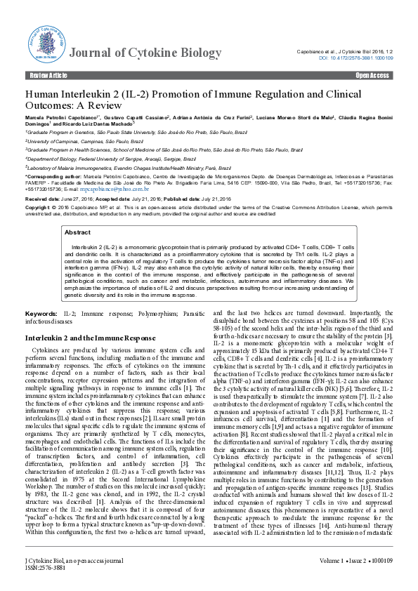 (PDF) Human Interleukin 2 (IL-2) Promotion of Immune Regulation and ...