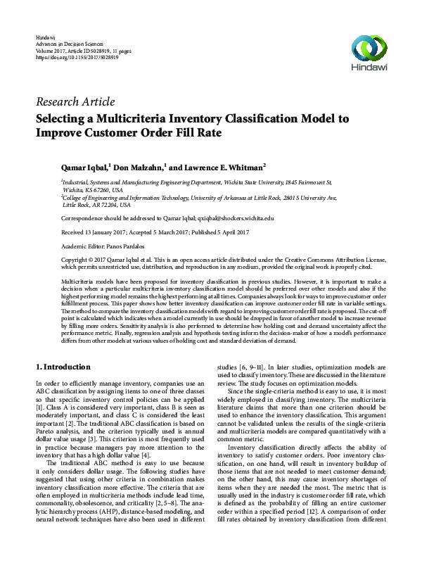 (PDF) Selecting a Multicriteria Inventory Classification Model to Improve Customer Order Fill Rate