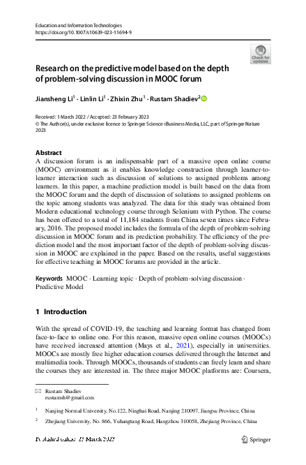 (PDF) Research on the predictive model based on the depth of problem-solving discussion in MOOC ...