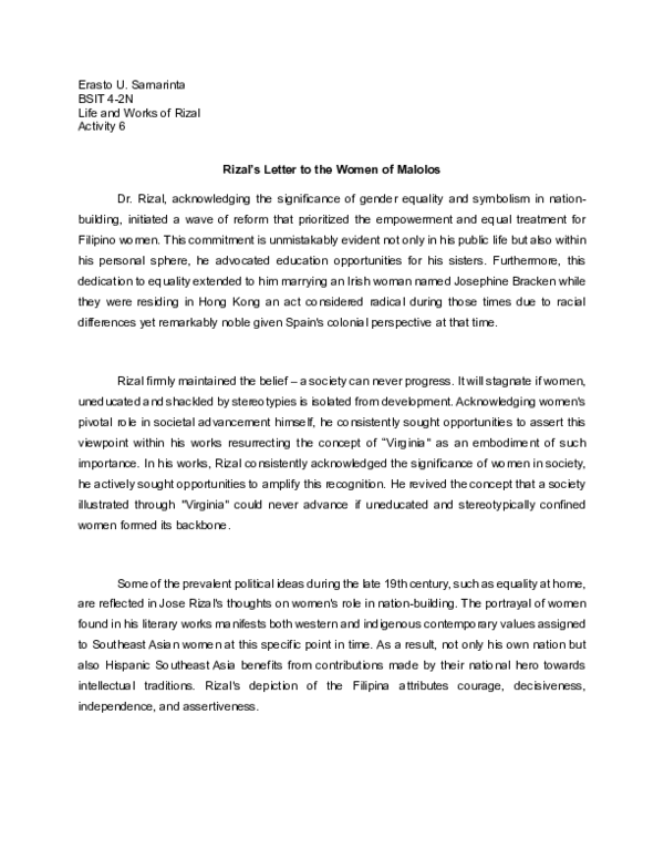 (PDF) Life and Works of Rizal Activity 6 Rizal’s Letter to the Women of ...