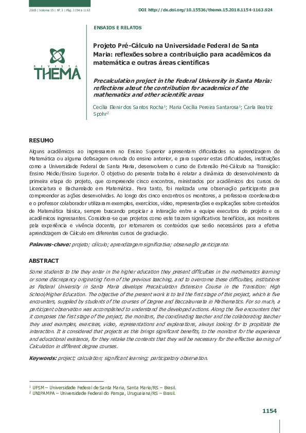 (PDF) Projeto Pré-Cálculo na Universidade Federal de Santa Maria ...