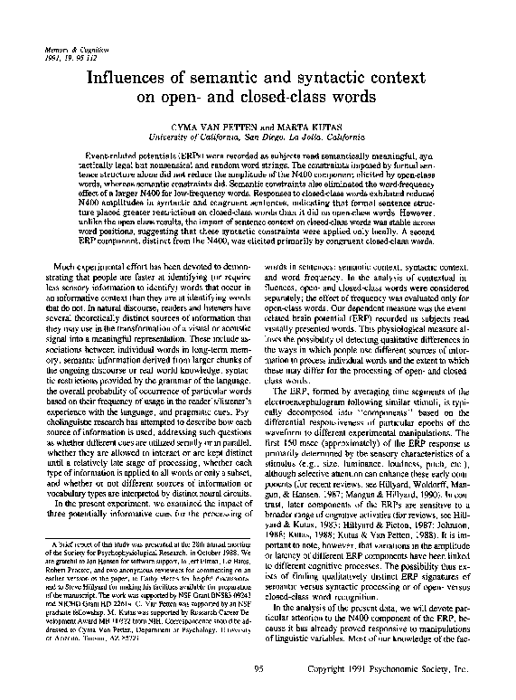 (PDF) Influences of semantic and syntactic context on open- and closed-class words