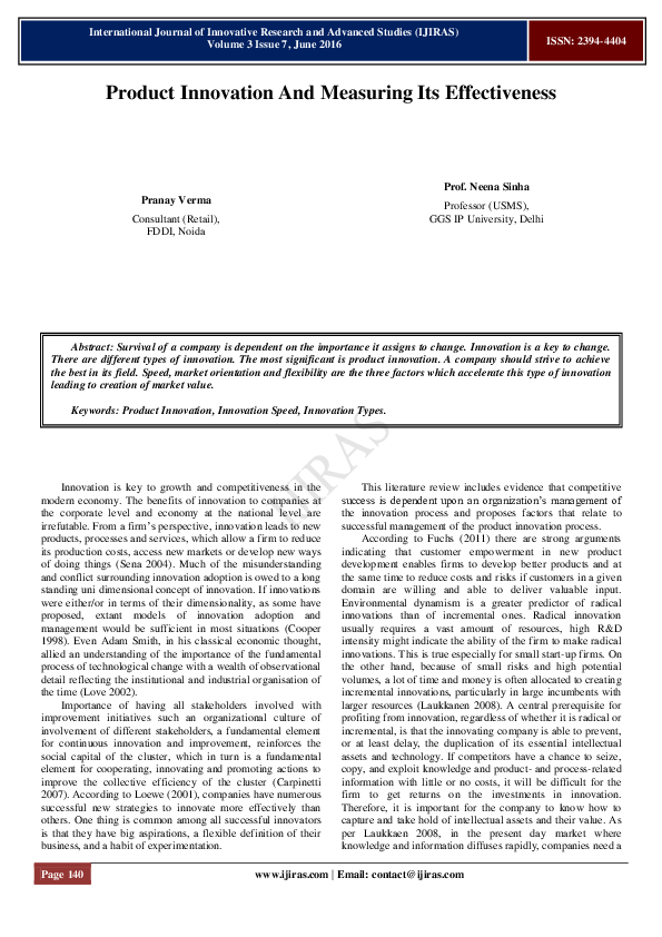 (PDF) Product Innovation And Measuring Its Effectiveness
