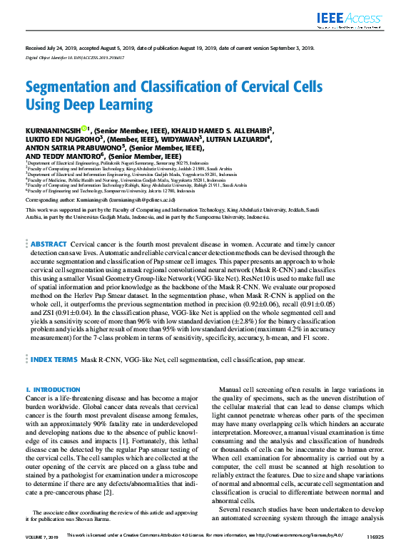 (PDF) Segmentation and Classification of Cervical Cells Using Deep Learning